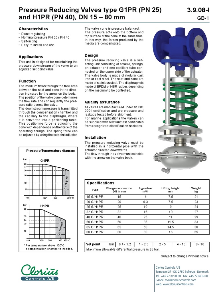 CLORIOUS - Pressure Reducing Valves Type G1PR (PN 25) | PDF | Valve ...