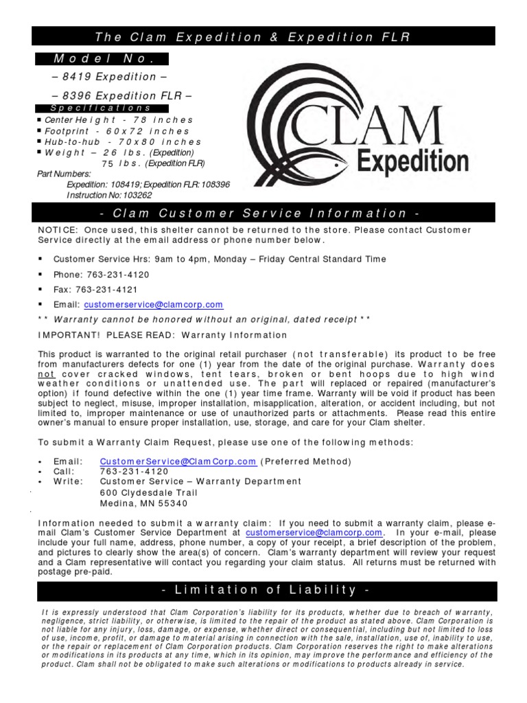 Product Specifications and Safety Instructions for the Clam Expedition ...