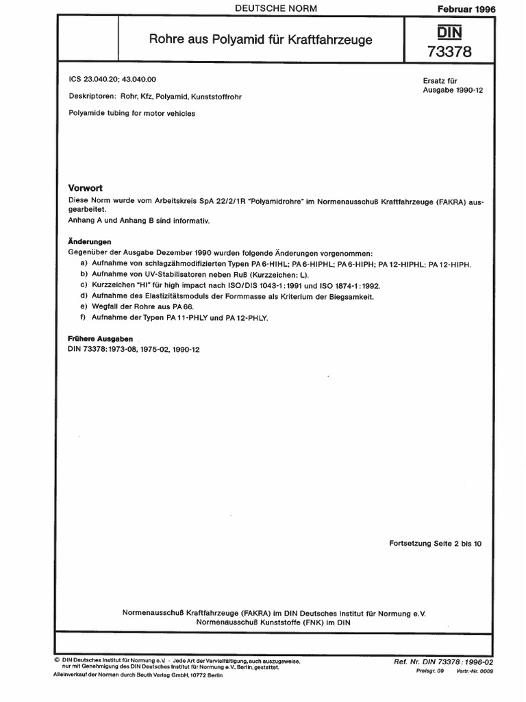 (DIN 73378 - 1996-02) - Rohre Aus Polyamid Für Kraftfahrzeuge | PDF