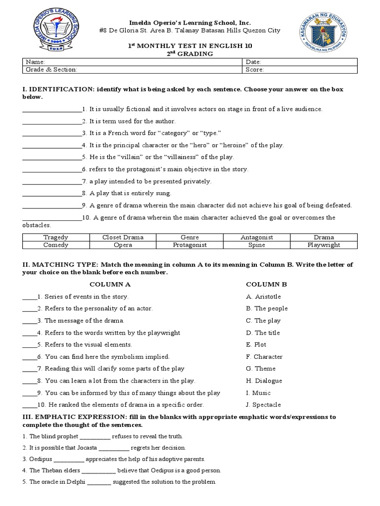 1st Monthly Exam Grade 10 English | PDF | Play (Theatre)