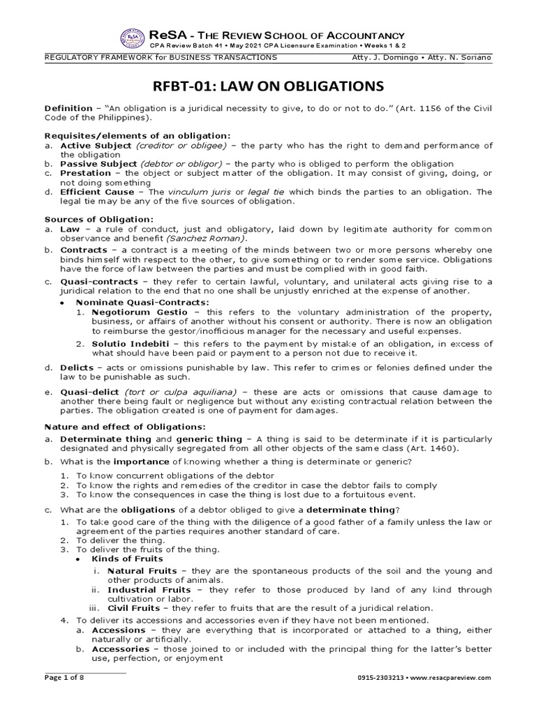 RFBT 01 Law On Obligations | PDF | Damages | Law Of Obligations