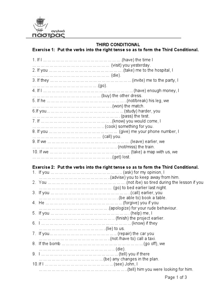 Third Conditional Exercise 1: Put The Verbs Into The Right Tense So As To Form The Third ...