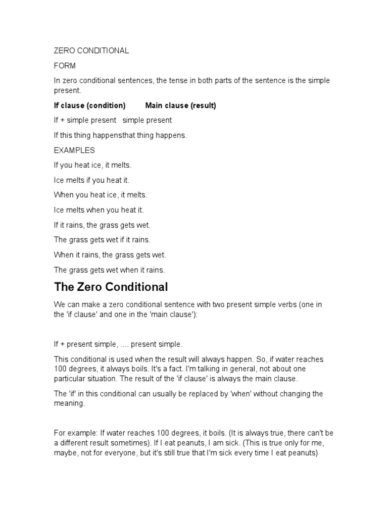 The Zero Conditional: If Clause (Condition) Main Clause (Result) | PDF ...