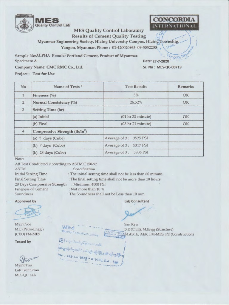 Premier Portland Cement Test Results | PDF | Composite Material ...