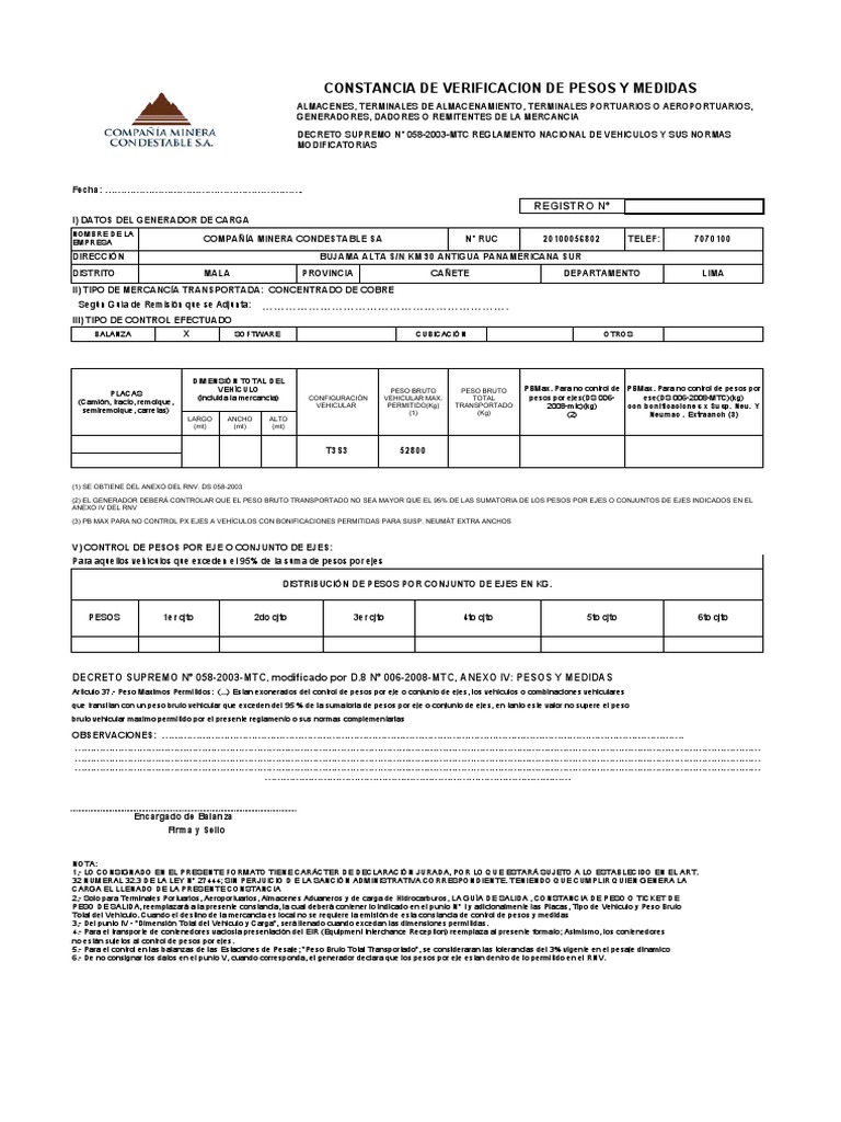 Formato Pesos y Medidas CMC | PDF | Logística | Transporte