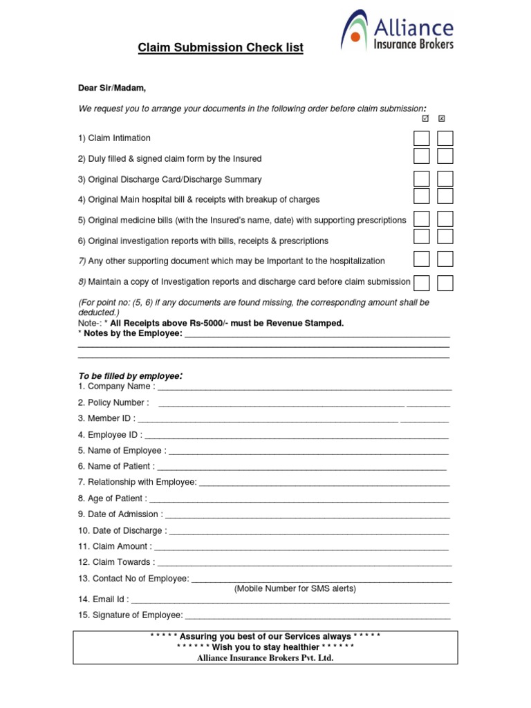 Insurance Claim Checklist | PDF | Health Care | Medicine