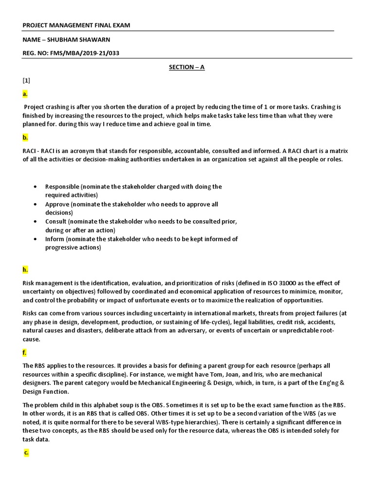 PROJECT MANAGEMENT FINAL EXAM-shubham.033 | PDF | Project Management ...