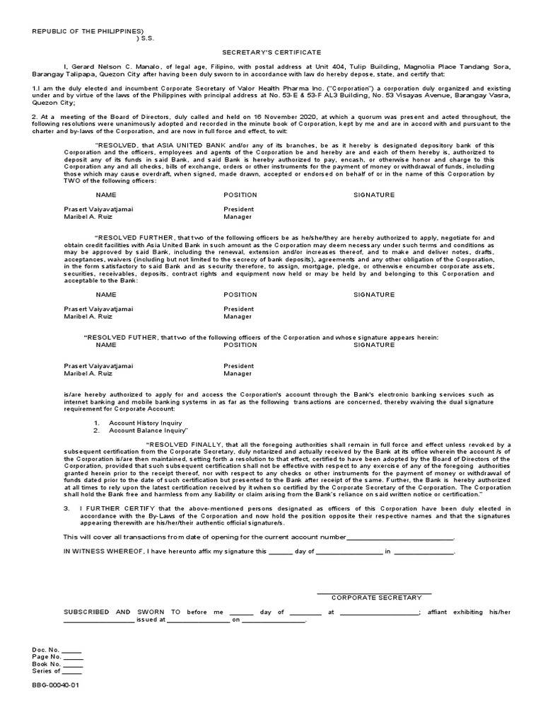 Secretary's Certificate (AUB) | PDF | Banks | Banking