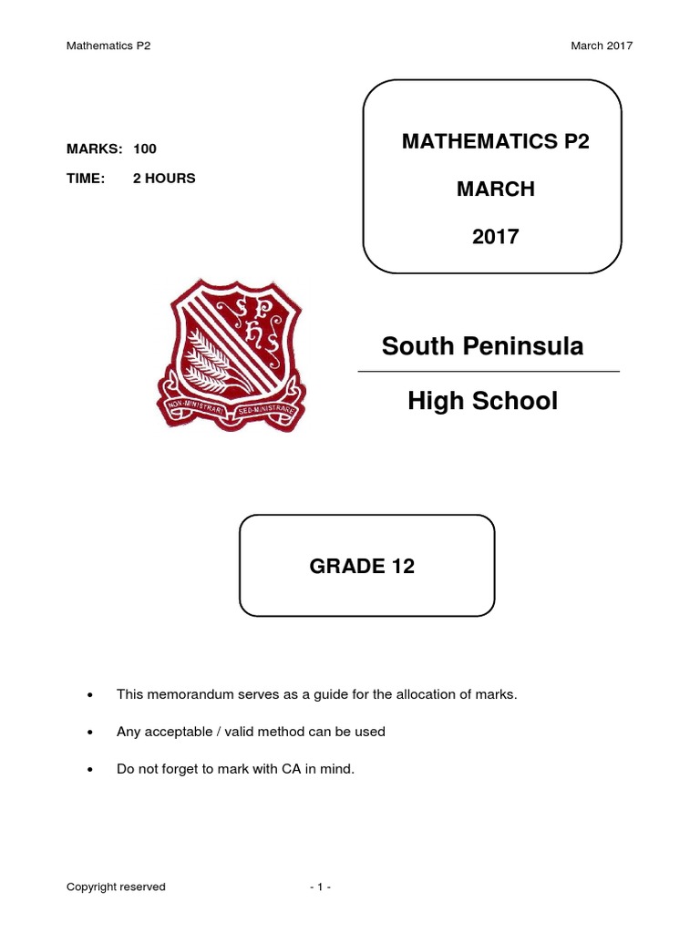 SPen 2017 Mathematics P2 Memo | PDF | Special Functions | Complex Analysis
