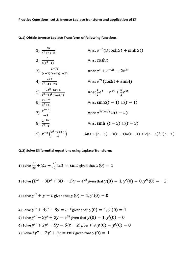 Inverse Laplace Transform Practice Set | PDF | Laplace Transform | Differential Equations