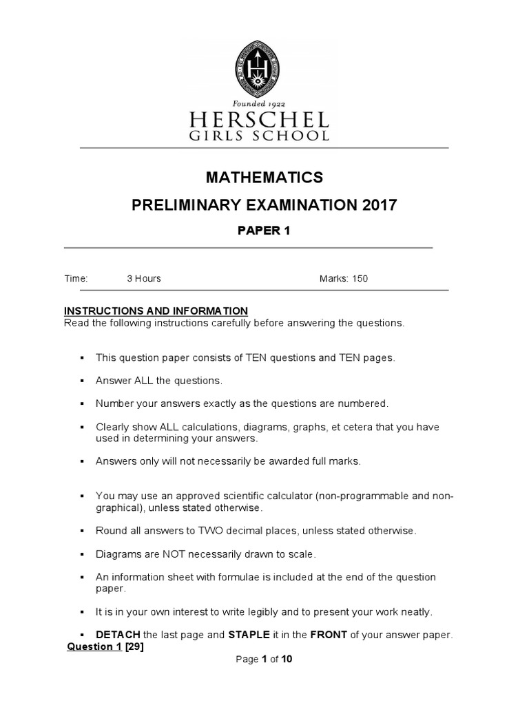 Mathematics Preliminary Examination 2017: Paper 1 | PDF | Sphere ...