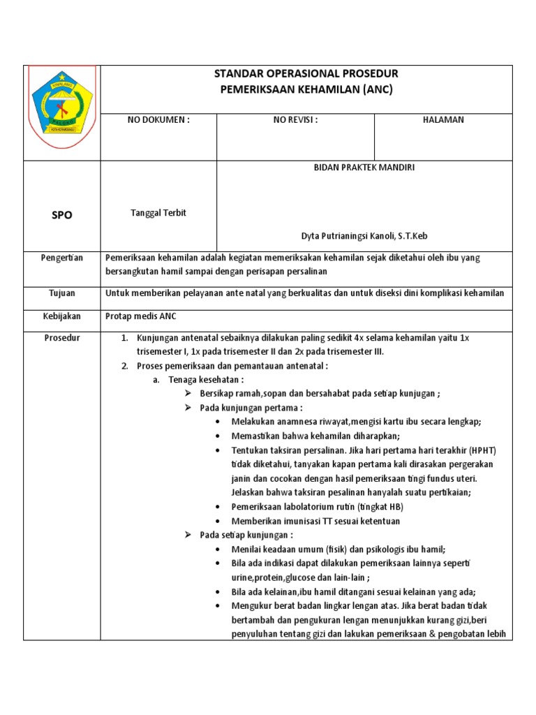 [STANDAR OPERASIONAL PROSEDUR PEMERIKSAAN KEHAMILAN (ANC)] | PDF