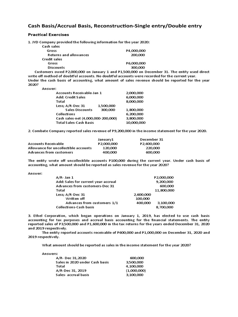 Cash Basis Accrual Basis Exercises With Answers | PDF | Retained ...