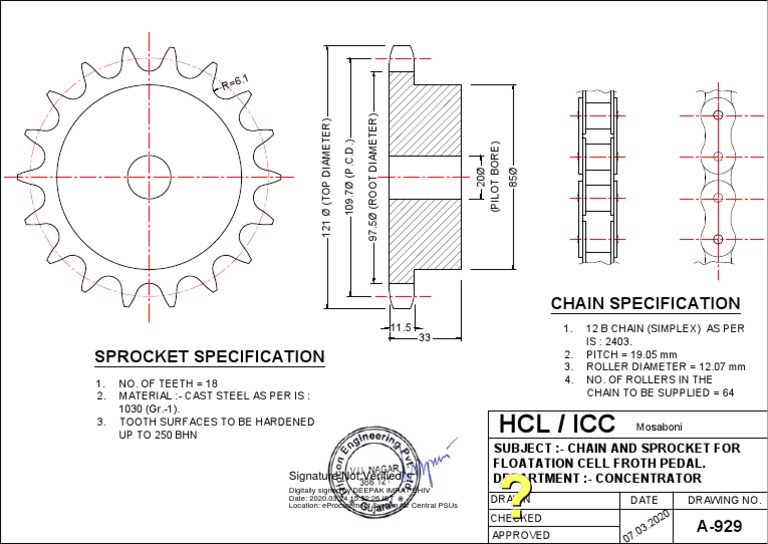 Technical Drawing and Specifications for a Sprocket and Chain Assembly ...