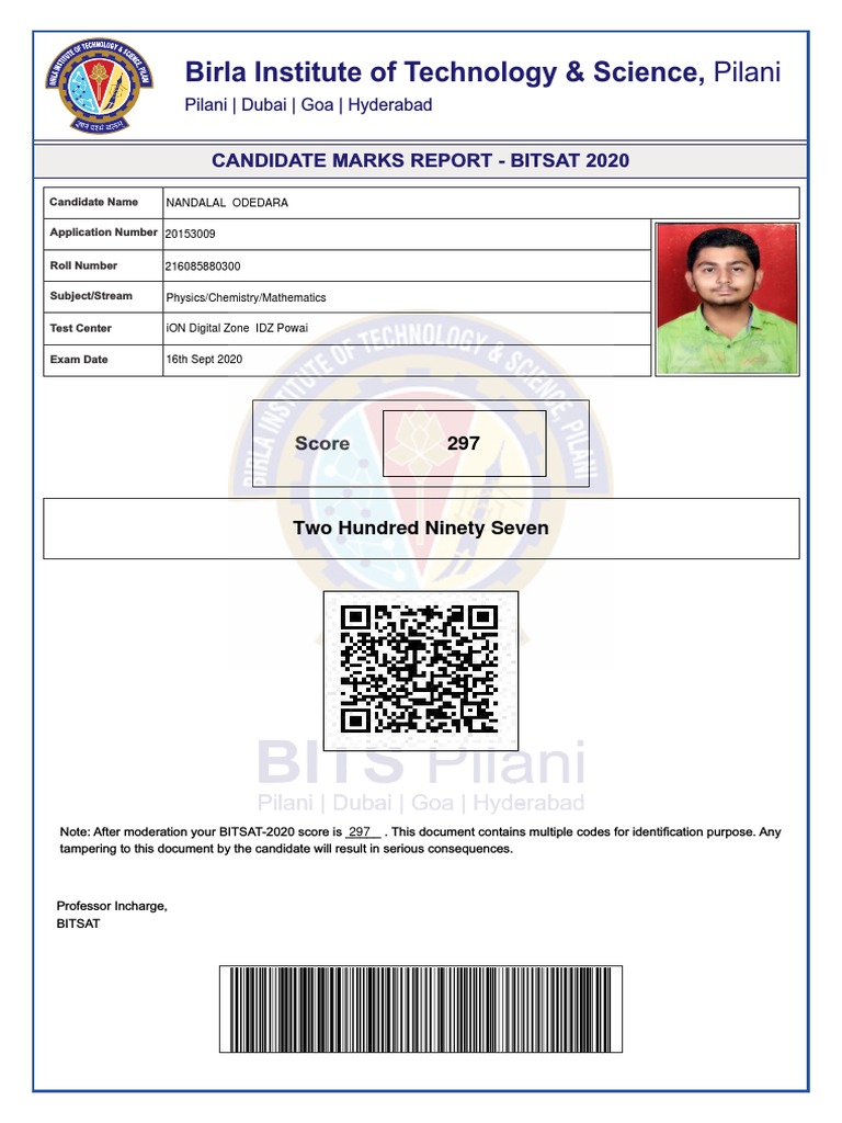 BITSAT 2020 Candidate Marks Report | PDF
