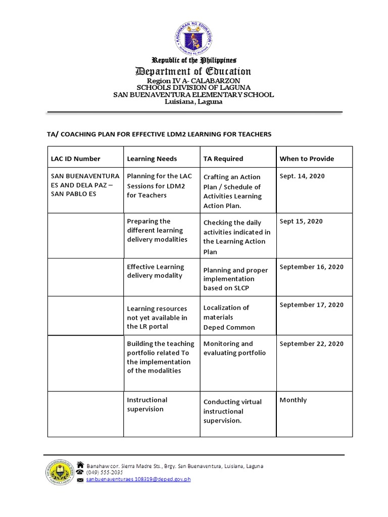 Department of Education: Ta/ Coaching Plan For Effective Ldm2 Learning ...