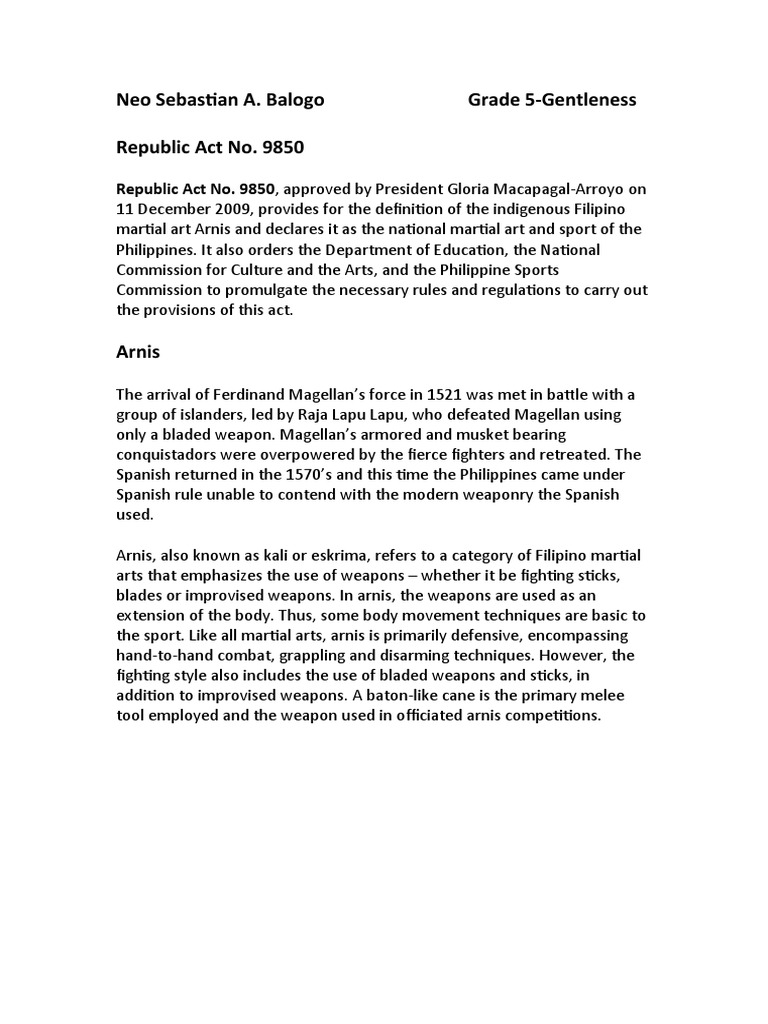 RA 9850 Declares Arnis as Philippines' National Martial Art | PDF