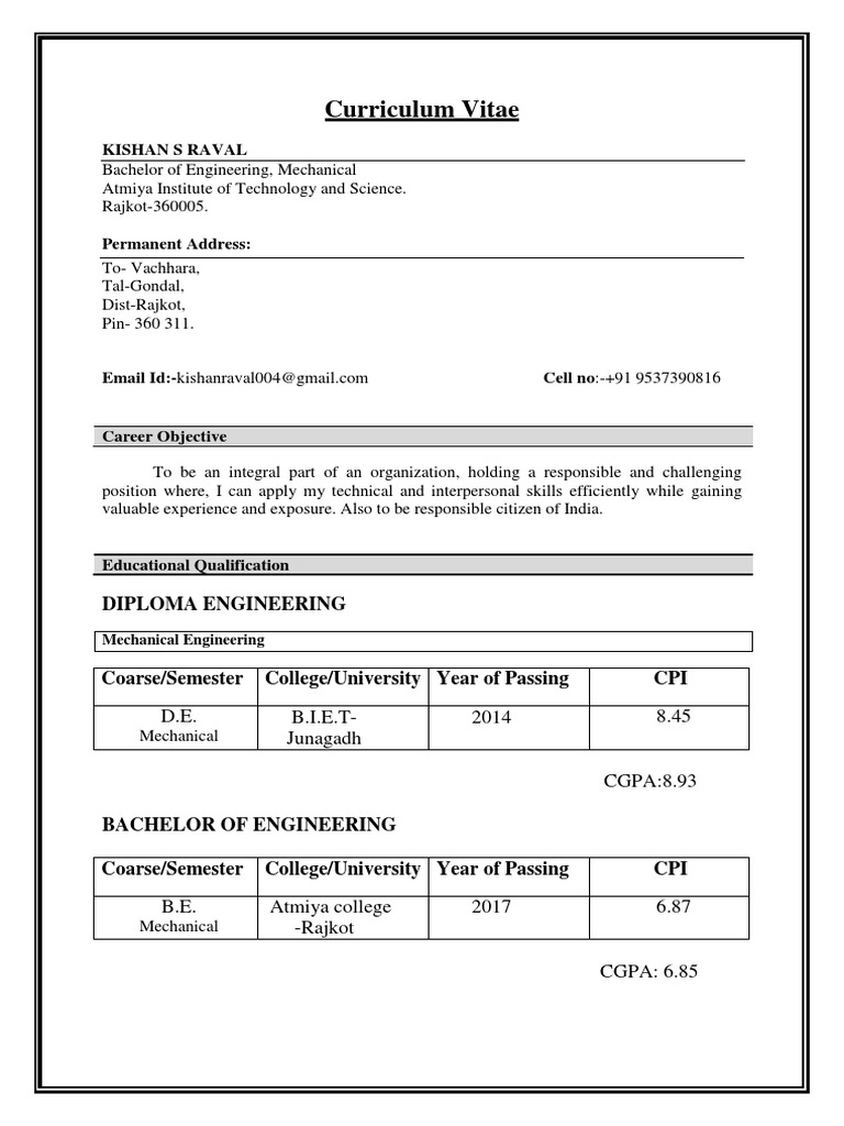 Curriculum Vitae: Kishan S Raval | PDF | Engineering | Mechanical Engineering