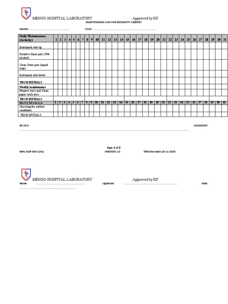 Maintenance Log Biosafety Cabinet PDF | PDF