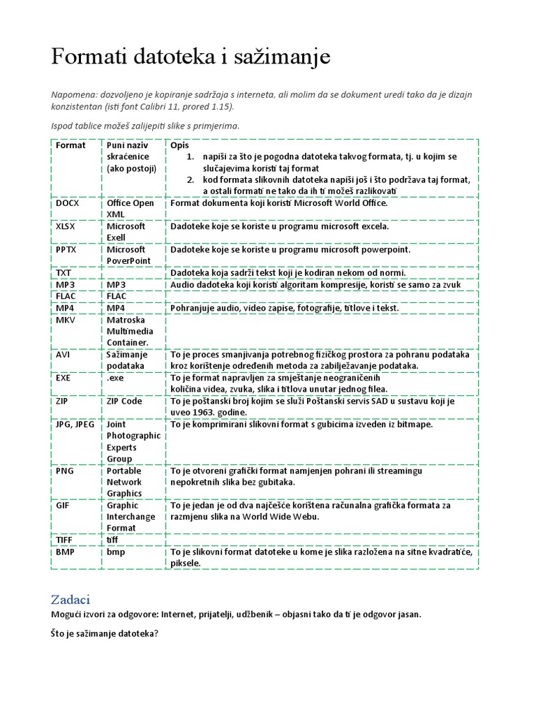 Formati Datoteka I Sažimanje: Zadaci | PDF