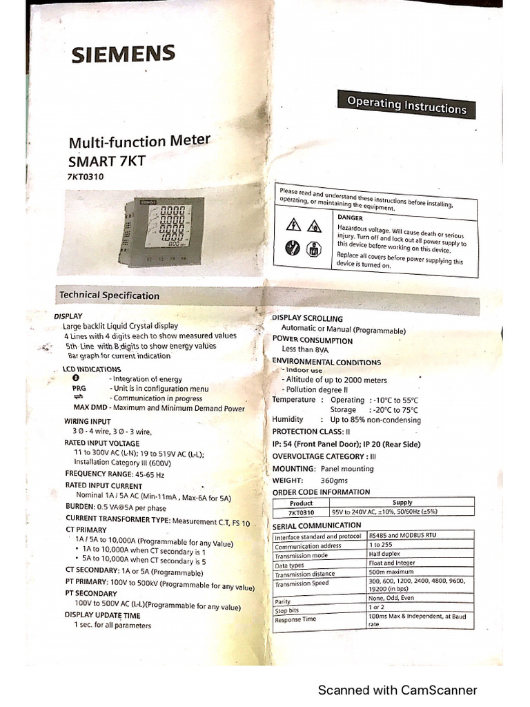 Siemens SMART 7KT (7KT0310) Multi Function Meter Operating Instruction ...