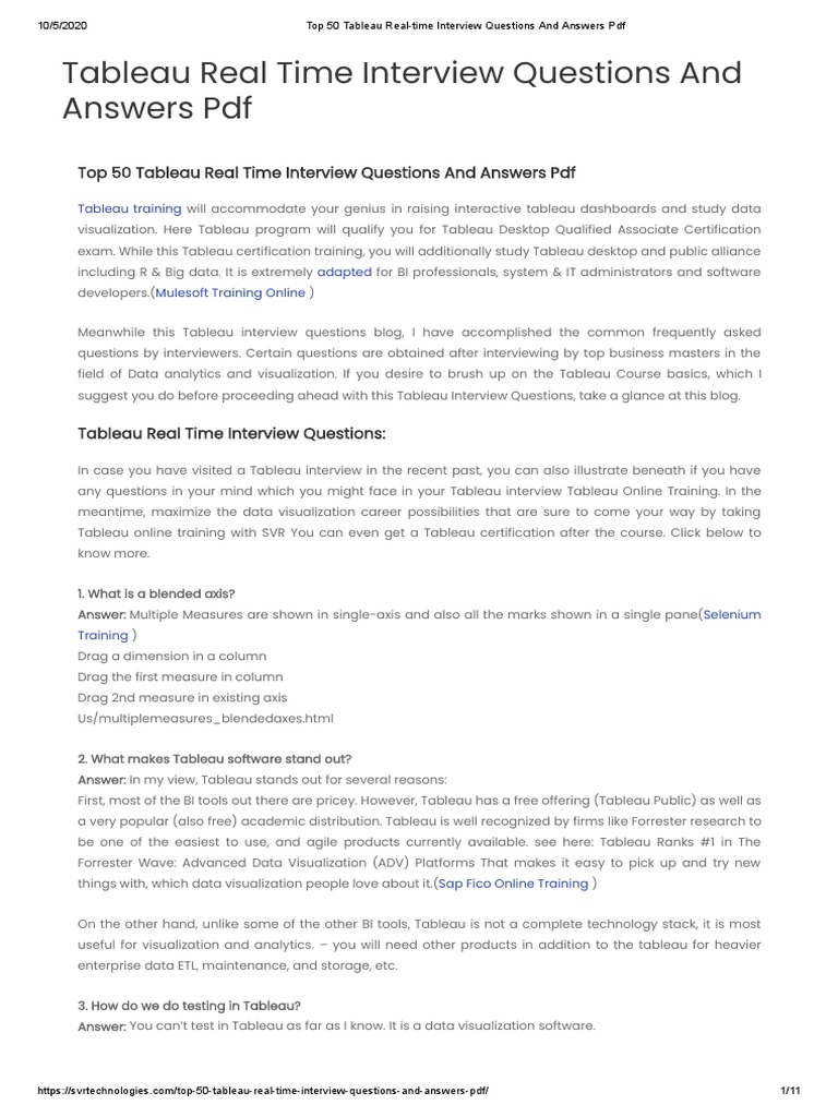 Top 50 Tableau Real-Time Interview Questions and Answers PDF | PDF | Microsoft Sql Server ...