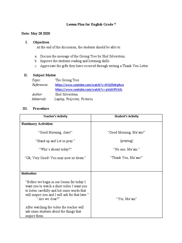 Lesson Plan For English Grade 7 | PDF