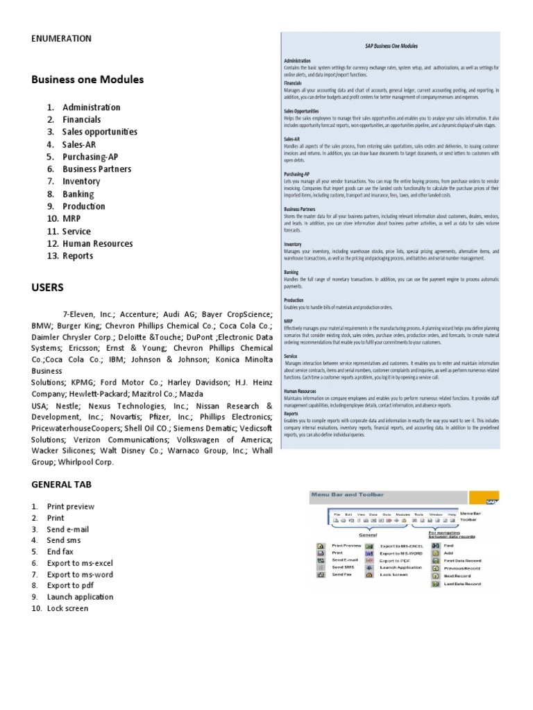 Business One Modules: Enumeration | PDF | Business