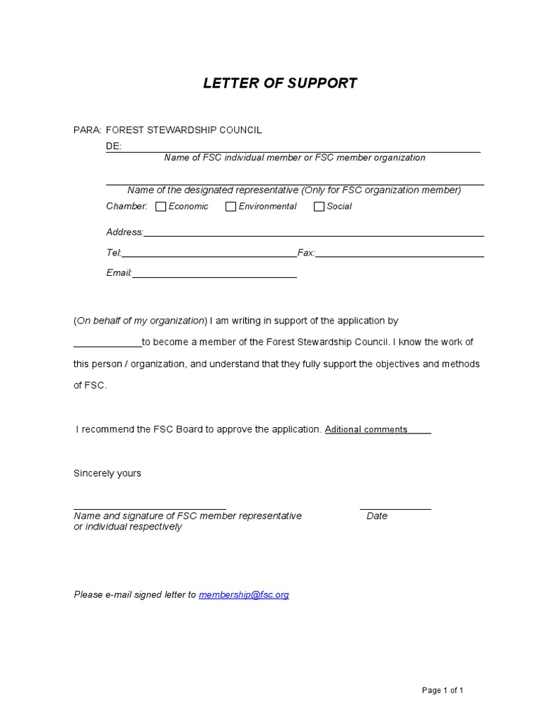Letter of Support: Name of The Designated Representative (Only For FSC ...
