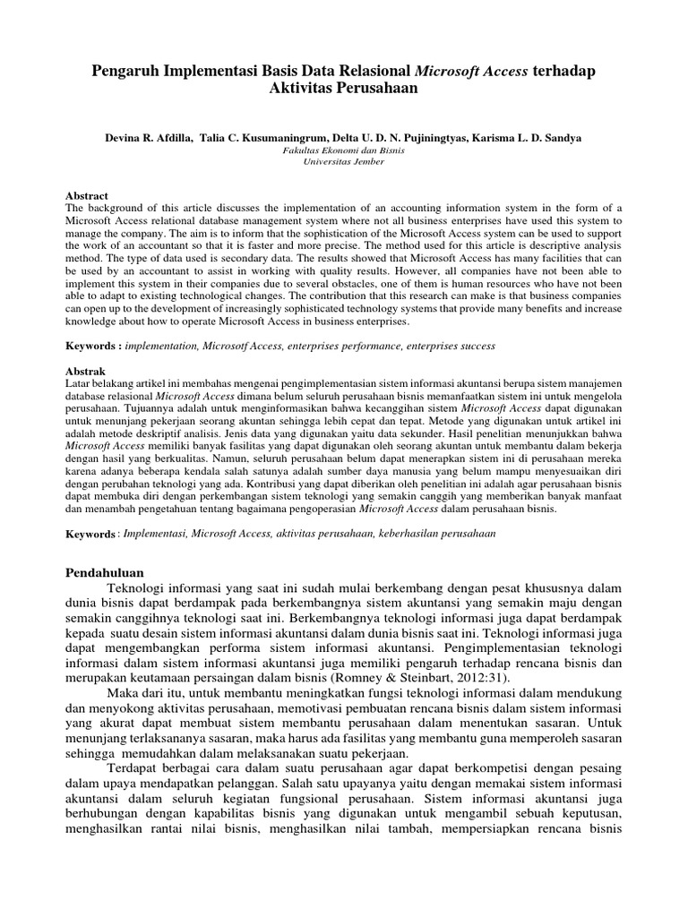 Pengaruh Implementasi Basis Data Relasional Microsoft Access Terhadap Aktivitas Perusahaan | PDF