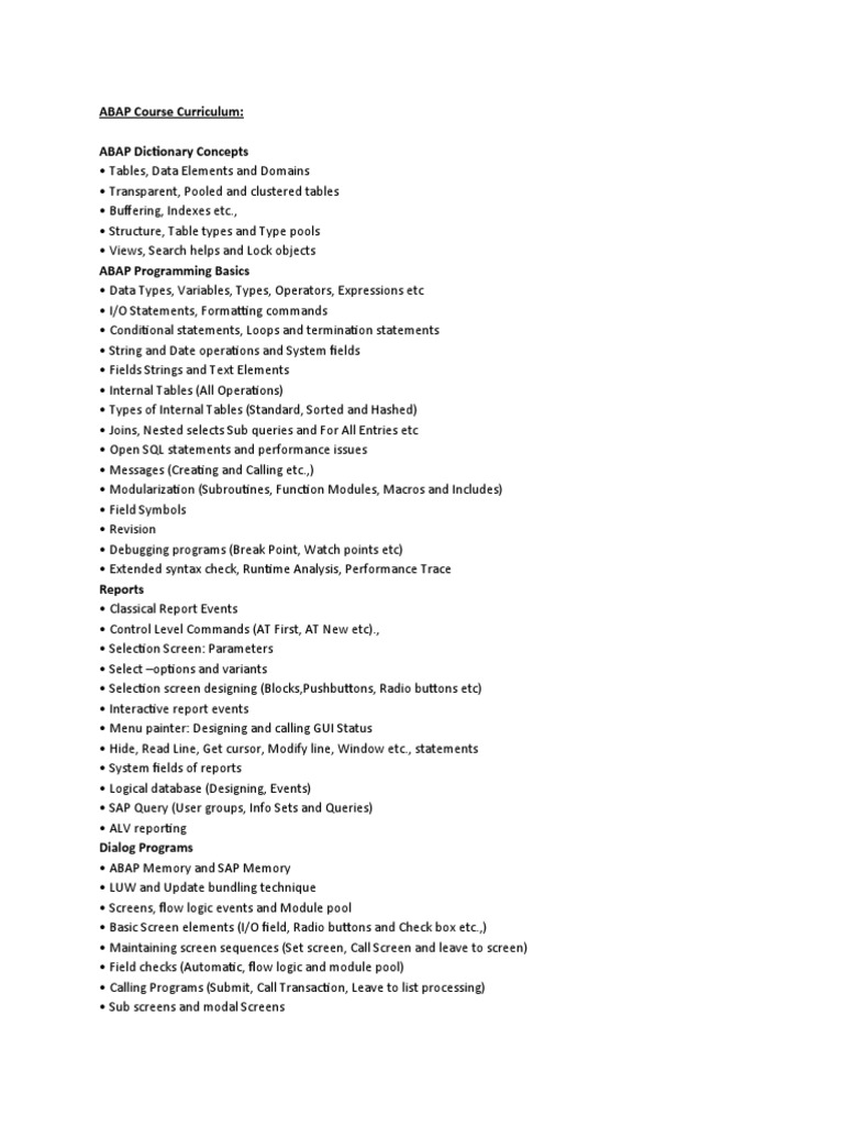 SAP ABAP Course Curriculum | PDF | Computer Programming | Computing