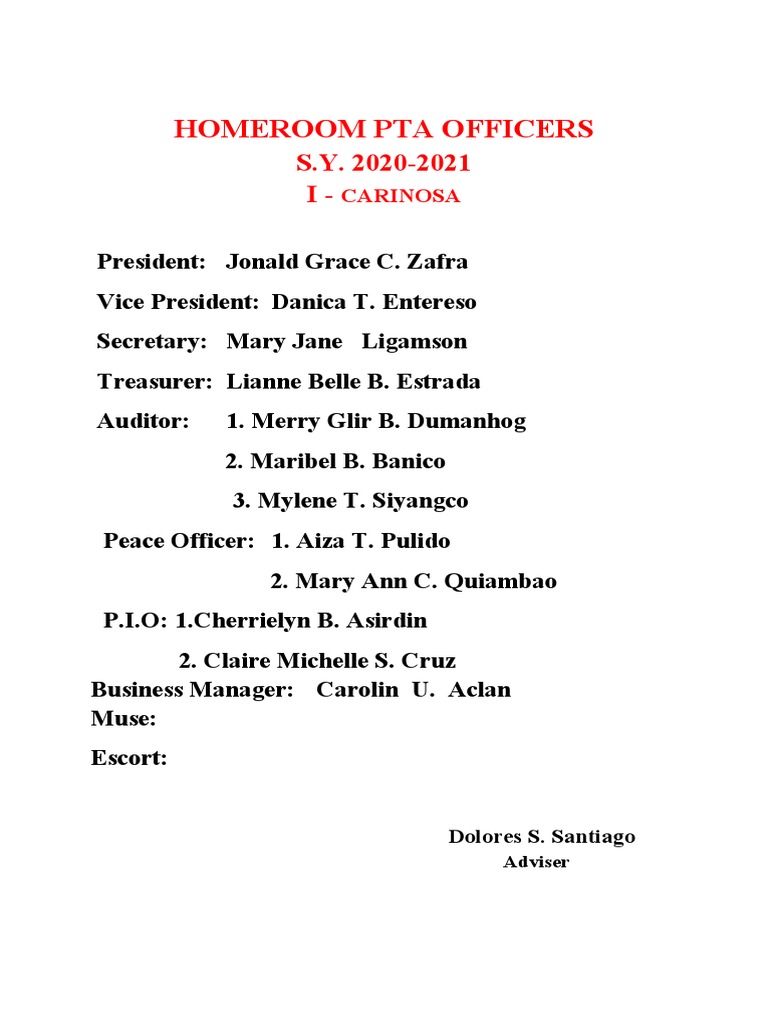 Homeroom PTA Officers 20 21 1 | PDF