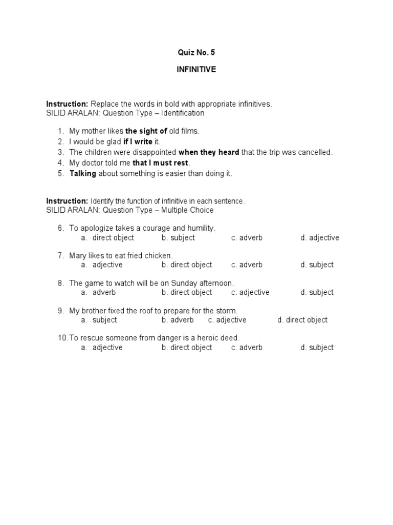 Quiz No. 5 Infinitive: Identify The Function of Infinitive in Each ...
