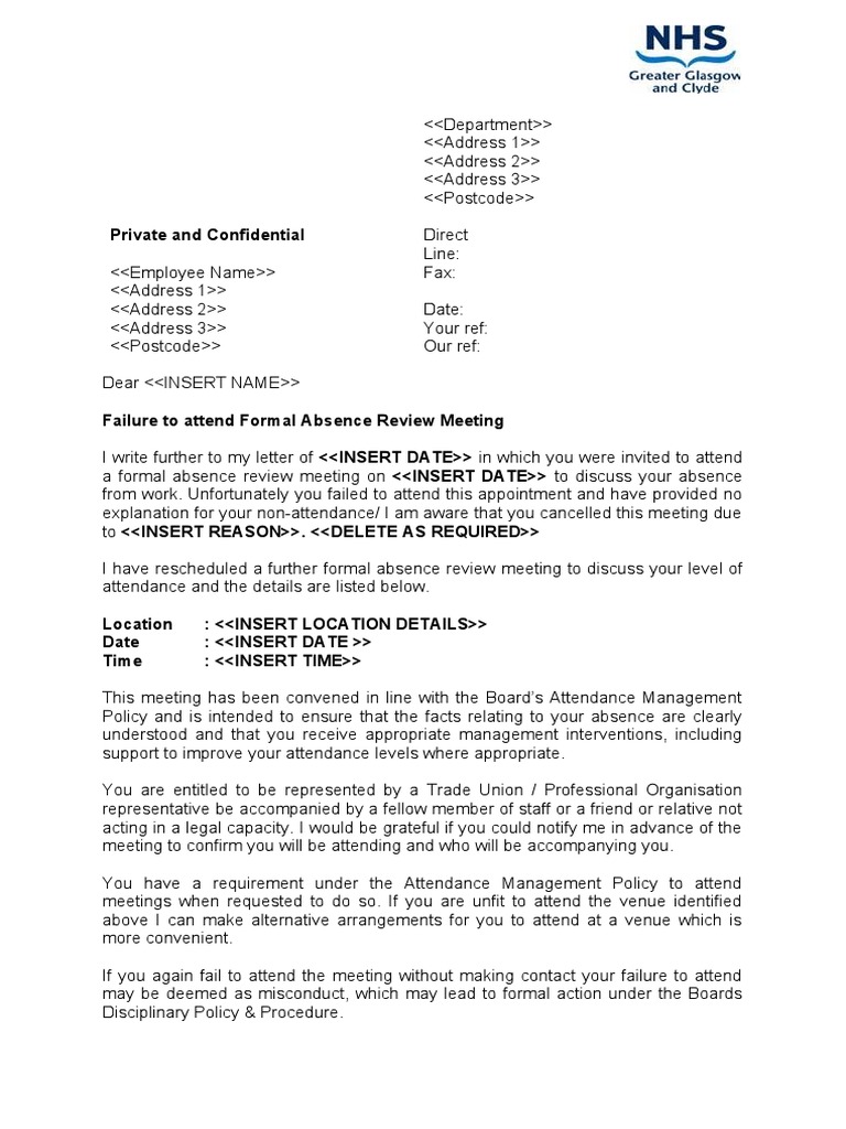 Template 8 Failure To Attend Formal Absence Review Meeting Frequent ...