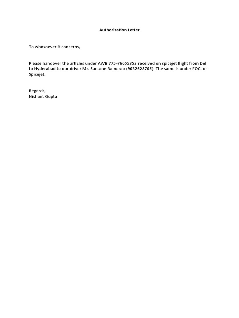 Authorization letter for driver to receive cargo | PDF