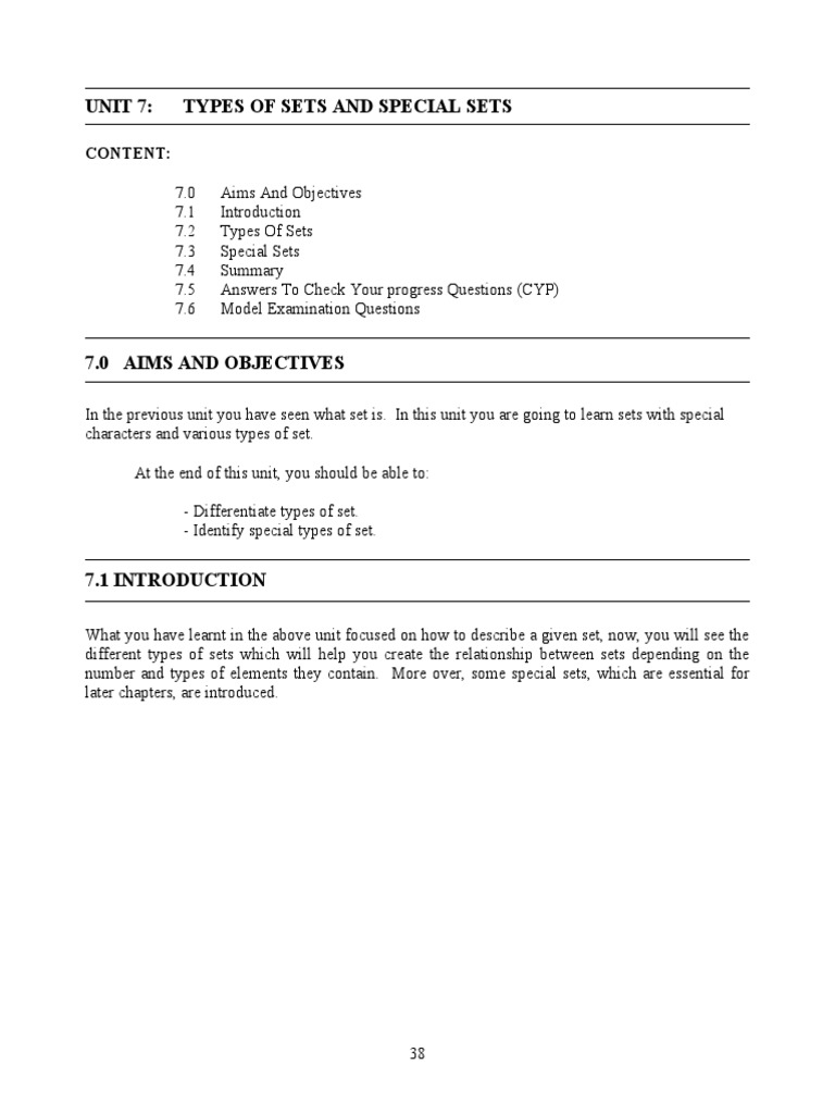 Unit 7: Types of Sets and Special Sets: Content | PDF | If And Only If | Set (Mathematics)