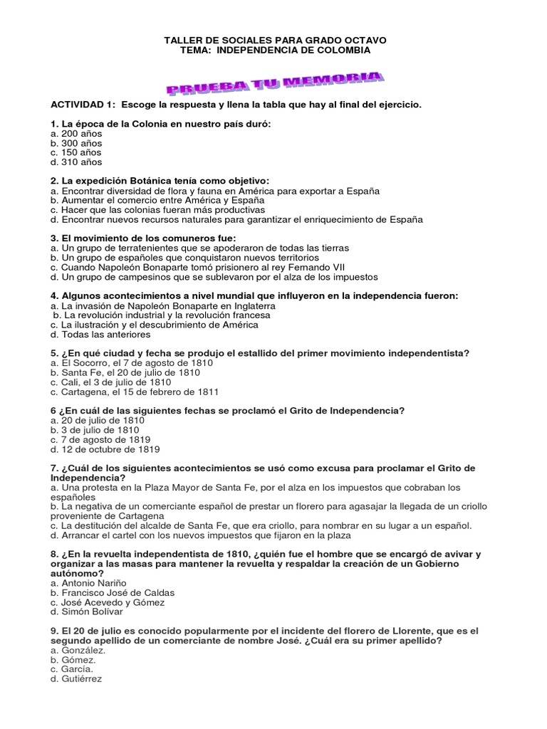 Taller Sobre Independencia de Colombia | PDF | América del Sur | Rebeliones