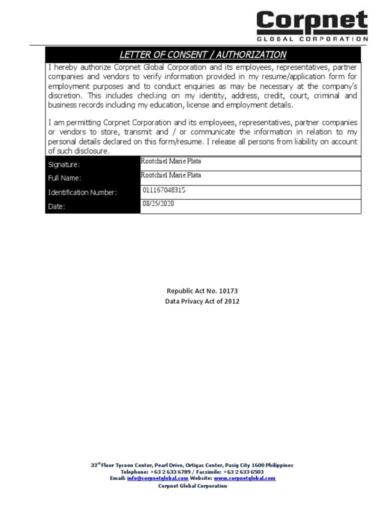 Letter of Consent / Authorization: Signature: Full Name: Identification ...