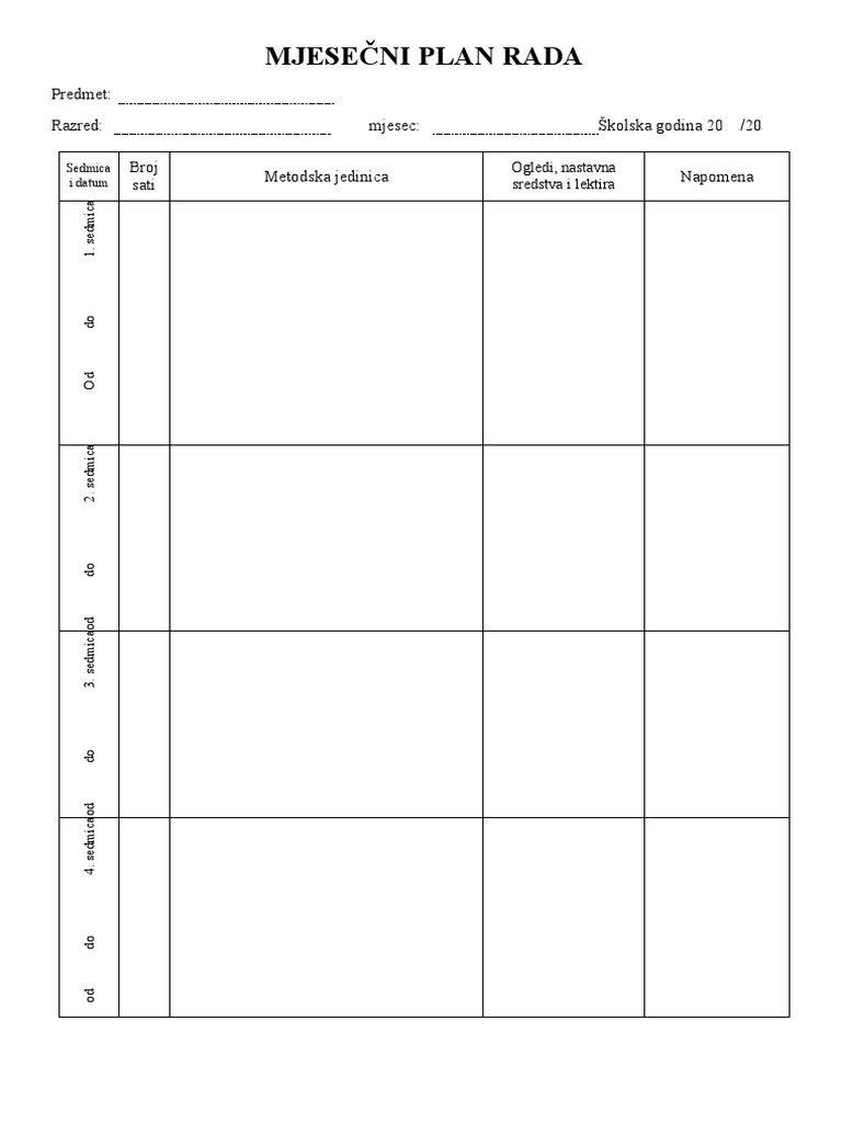 Mjesečni Plan Rada Obrazac1 | PDF