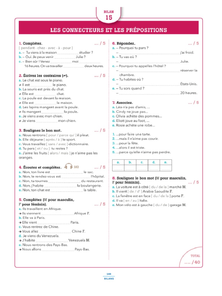 Bilan 15 - Les Connecteurs Et Les Prépositions | PDF
