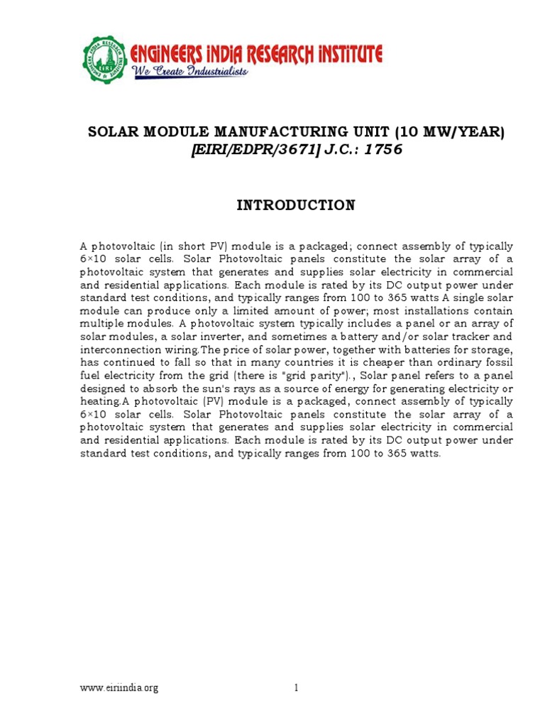 Project Report On Solar Module Manufacturing Unit (10 Mw/year) | PDF ...