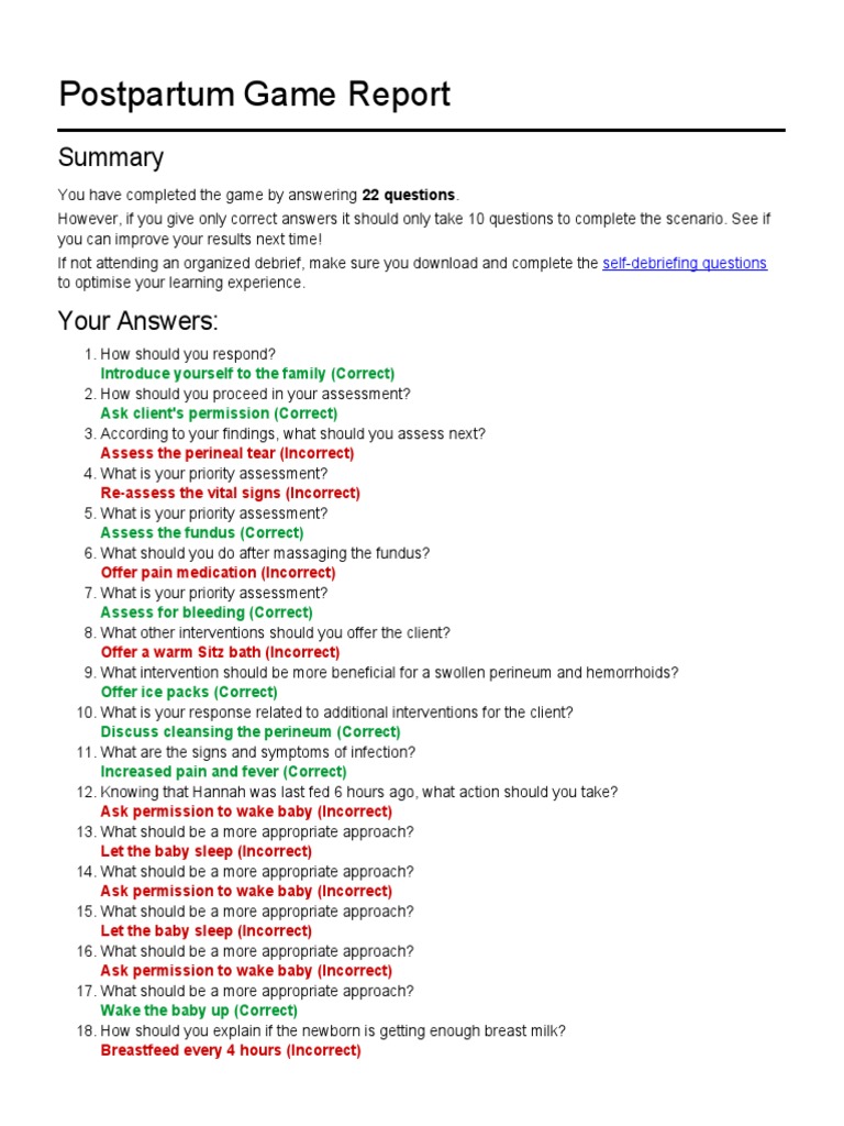 Postpartum Game Report: Self-Debriefing Questions | PDF | Breastfeeding ...