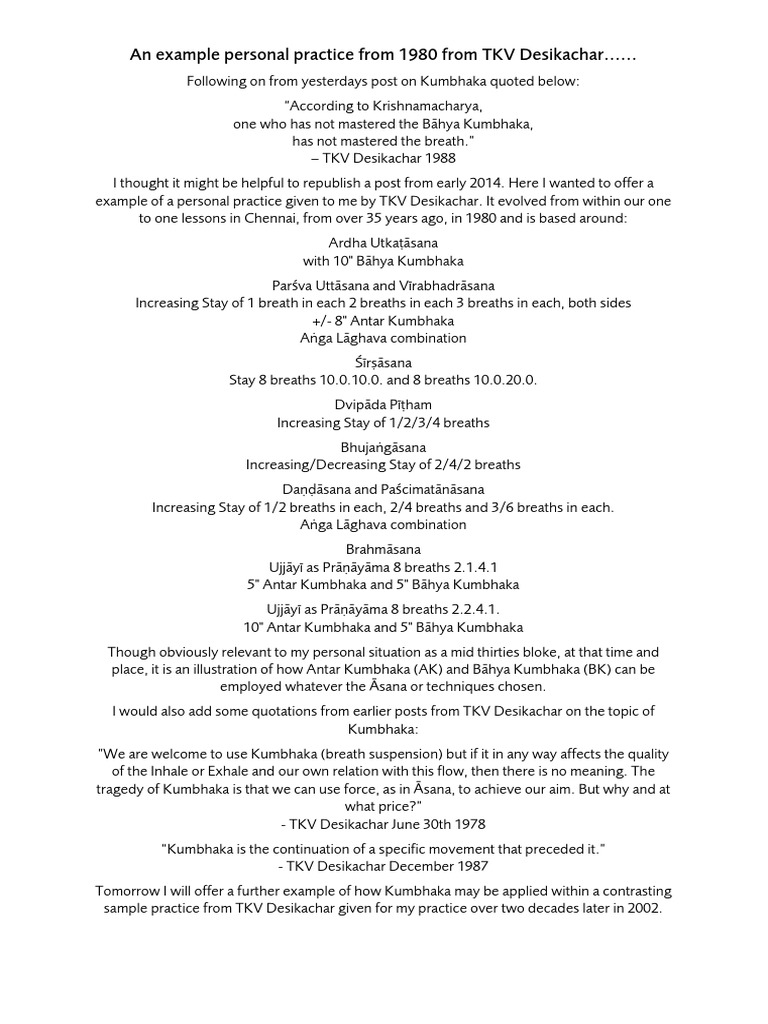 An Example Personal Practice From 1980 From TKV Desikachar | PDF ...