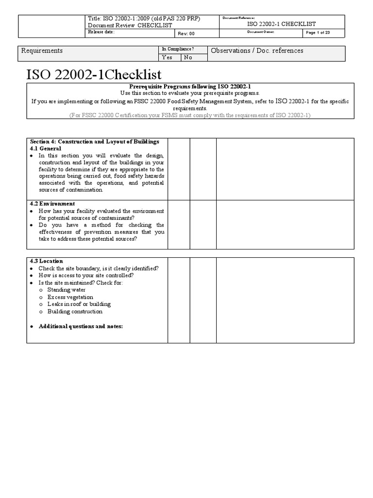 1B2-1 ISO 22002-1 Checklist Blank Form 1oct 2014 | PDF | Hygiene ...