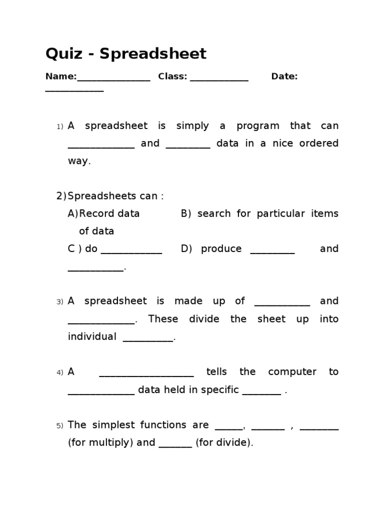 Spreadsheet Basics Quiz | PDF