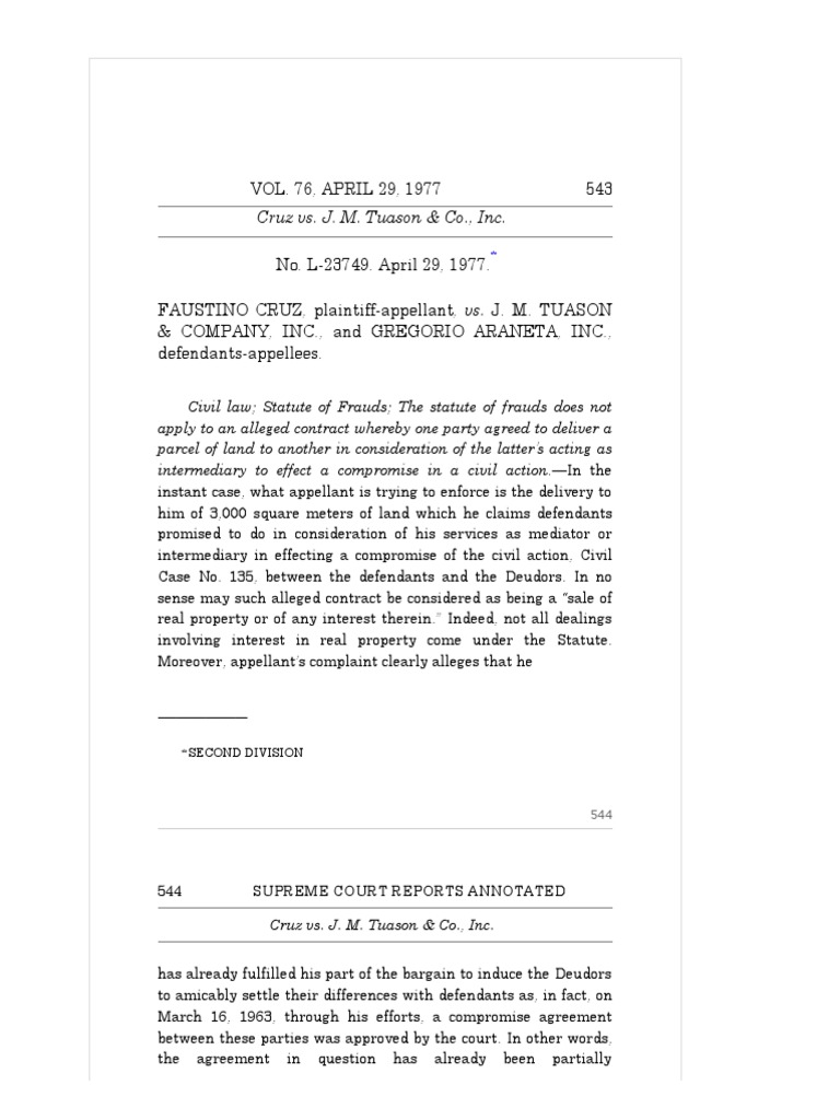 Cruz Vs Tuazon Inc. 76 SCRA 543 | PDF | Complaint | Lawsuit