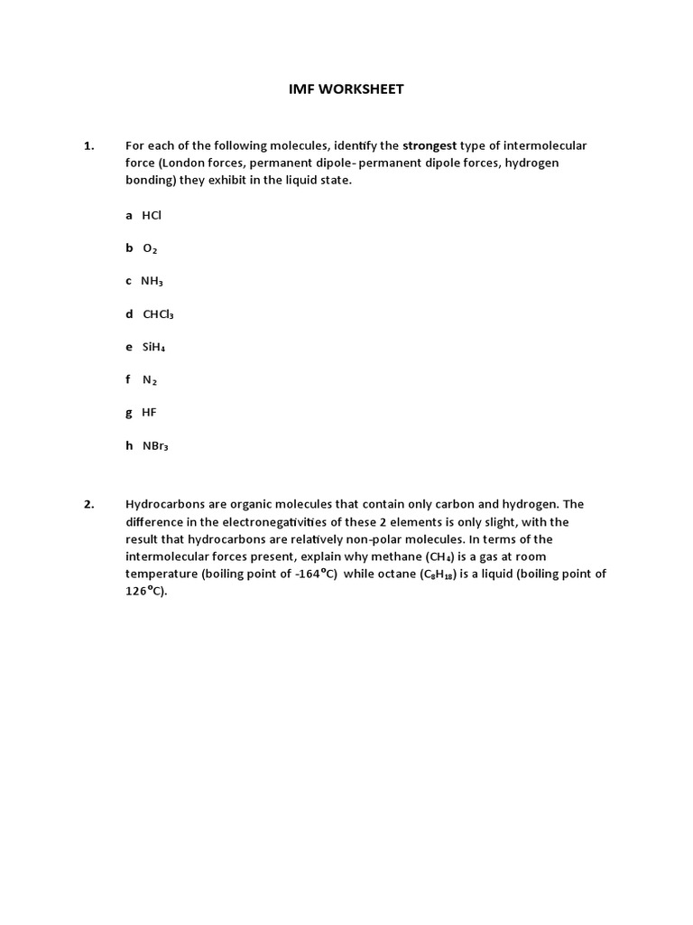 Intermolecular Forces Worksheet | PDF