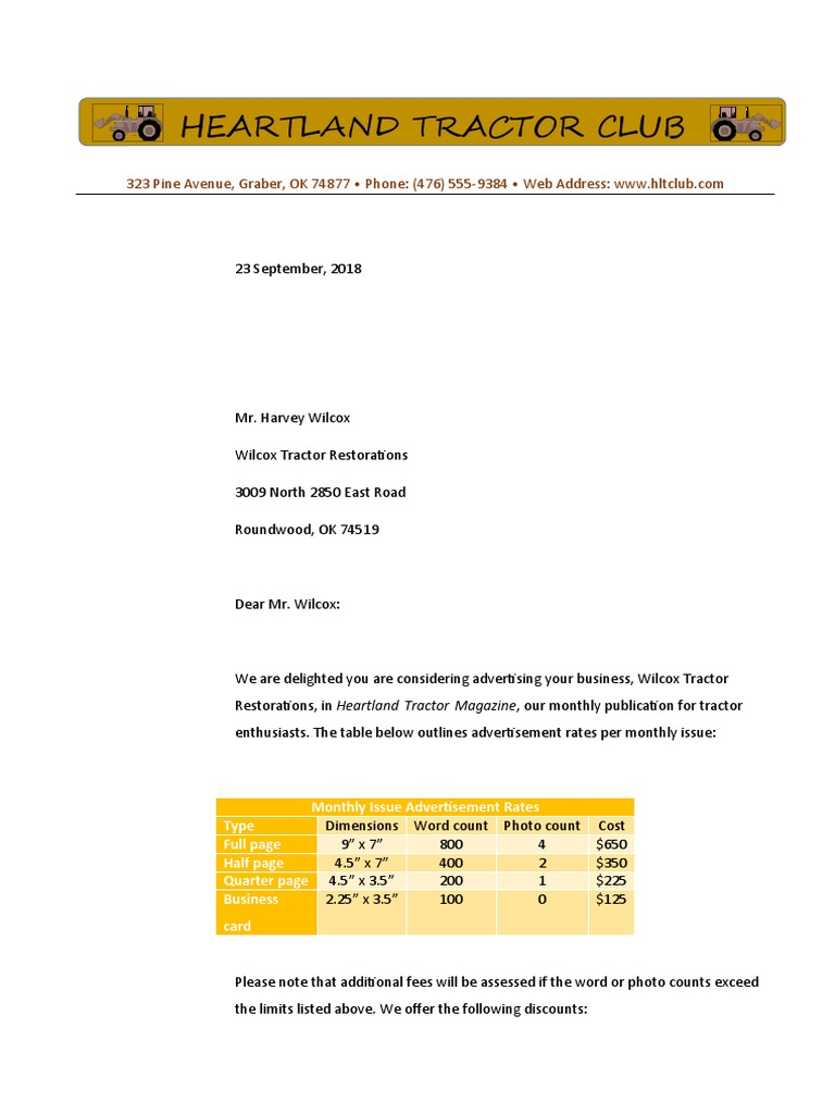Heartland Tractor Club Offers Advertising Rates and Discounts to Wilcox ...