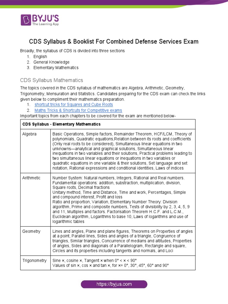 CDS Syllabus & Booklist For Combined Defense Services Exam | PDF | Factorization | Trigonometric ...