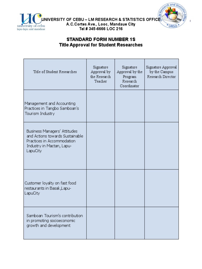 Standard Form Number 1S Title Approval For Student Researches | PDF